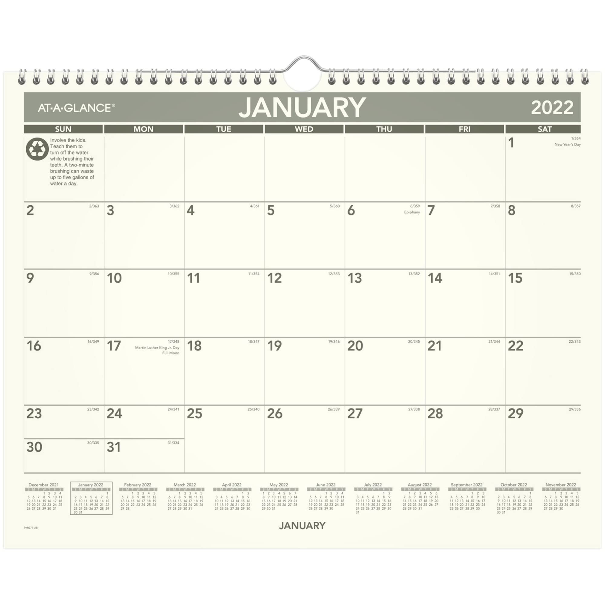 2022 Wall Calendar by AT-A-GLANCE, 14 7/8" X 11 7/8", Medium, Monthly, Recycled (PMG7728)