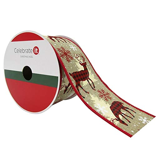 2.5" Faux Linen Wired Plaid Deer Ribbon by Celebrate It Christmas