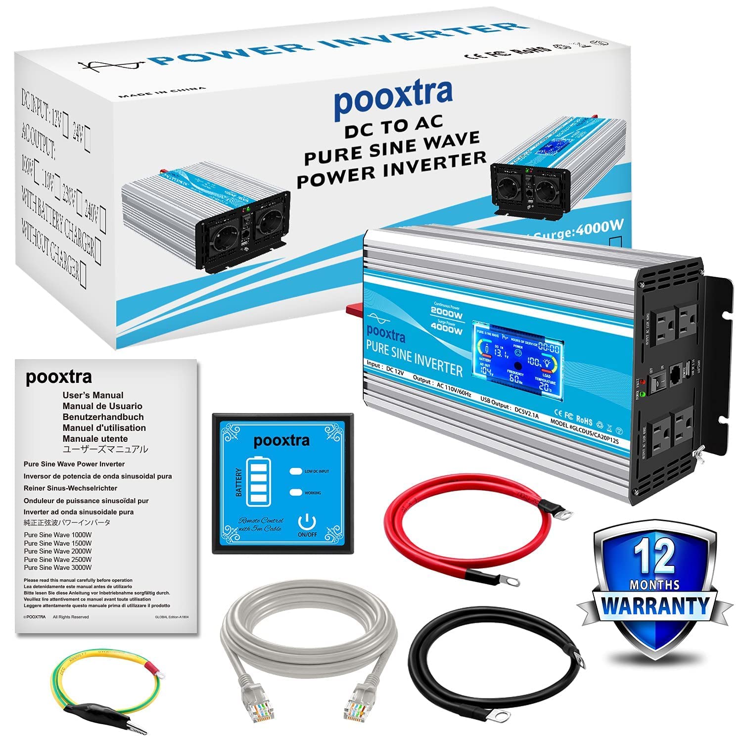 2000 Watt Pure Sine Wave Inverter 12v to AC 110v with 4AC Power Outlets,Remote Control,2 Cooling Fans + LCD Display & USB Port for Home RV Emergency to Use(4000 watt Peak Power)