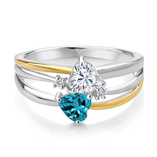 2-Tone 925 Sterling Silver and Solid 10K Yellow Gold Build Your Own Personalized 2-Stone Heart Shape Birthstones and White Lab Grown Diamond Women Ring (0.84 Cttw, Gemstone Birthstone) (Size 7)