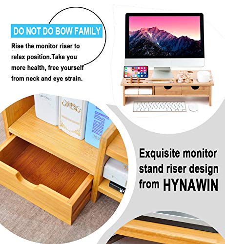 Monitor Stand Riser Desk Organizer-Bamboo 2 Tier Laptop Stand with Drawers, Adjustable Desktop Storage Organizer for Computer, Printer, Cellphone-Use in Office,Home/Reduce Neck &Eye Strain(Fawn)