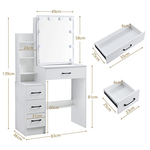 Abesthink Makeup Vanity with Ligjhts Mirror and Charging Station,White Vanity Makeup Desk with Lights and Storage Drawers,Lighted Vanity Set Dressing Table with Stool for Girls