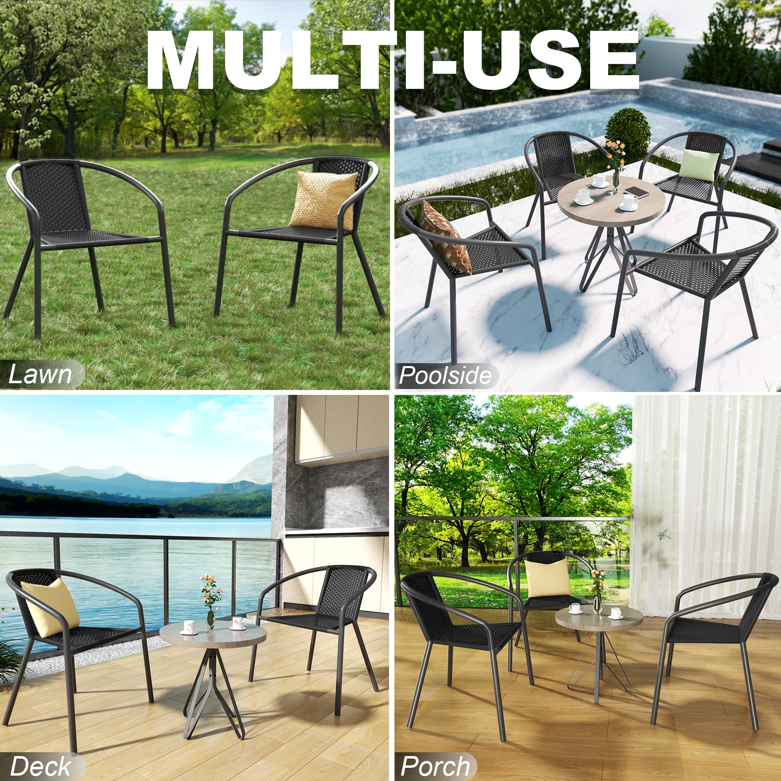 gaildon Outdoor Chairs Set of 4 Patio Chairs, Outdoor Dining Chairs - Stackable Wicker Rattan Chairs with Metal Frame for Balcony, Deck, Bistro, Backyard, Porch (4 Pack, Black)