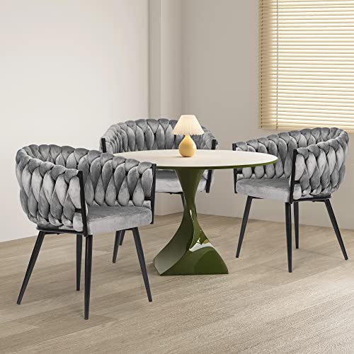 Adeco Velvet Dining Set of 2, Modern Accent Arm Living Room Black Metal Legs, Upholstered Leisure Chair with Hand Woven Backrest for Kitchen Side Table, Grey