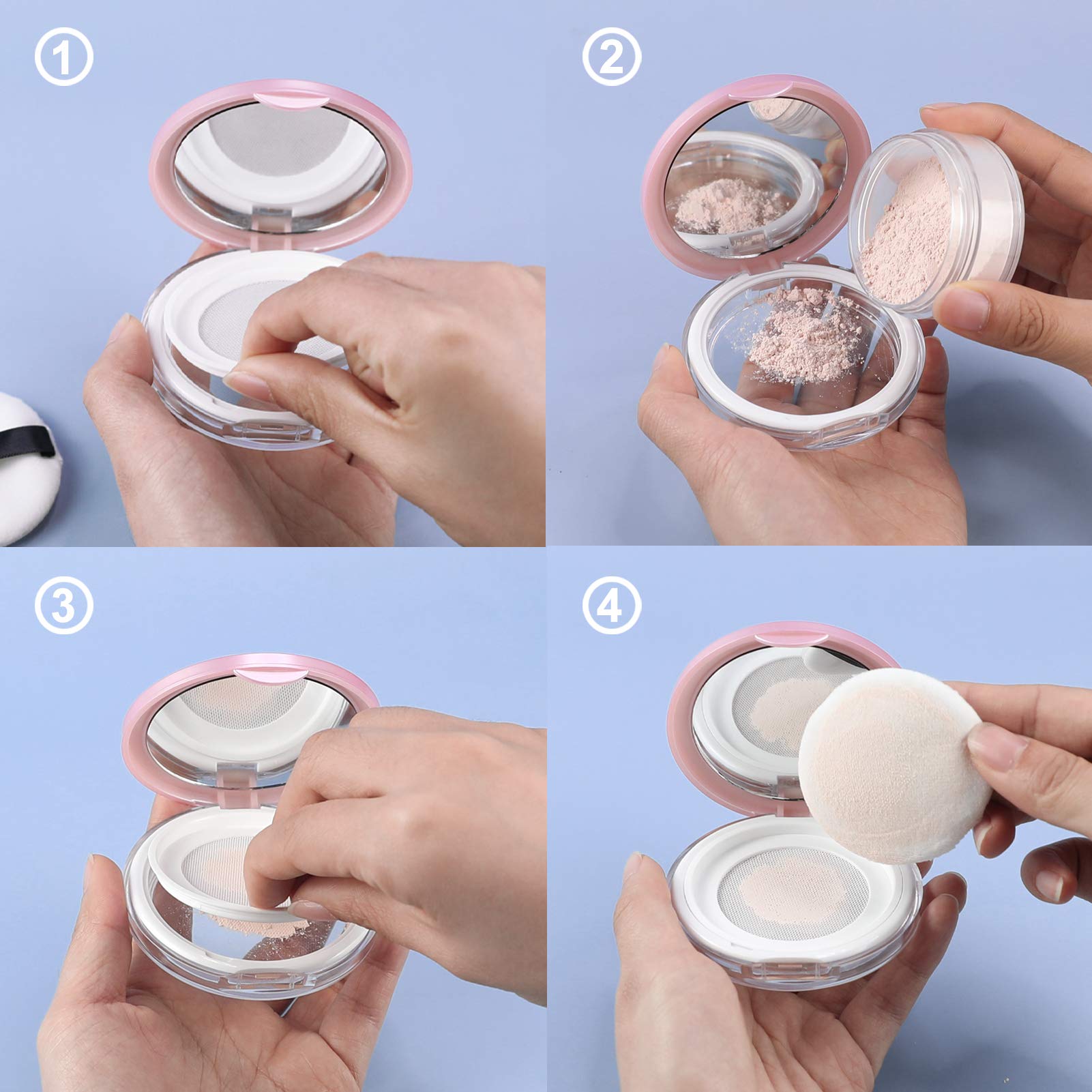longway Loose Powder Compact Container Empty Portable Plastic DIY Makeup Powder Case, 5g Slim Powder Box with Powder Puff,Mirror and Elasticated Net Sifter (2pcs,pink+sliver)