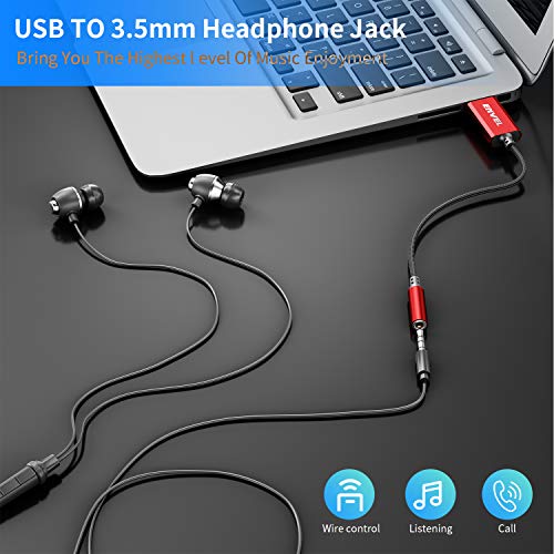 ENVEL USB to 3.5mm Audio Jack Adapter(20cm), Built-in Chip External Sound Card,Mic-Supported Audio Adapter with 3.5mm Aux Stereo Converter Compatible with Headset PC Laptop Desktops PS4 PS5 (Red)