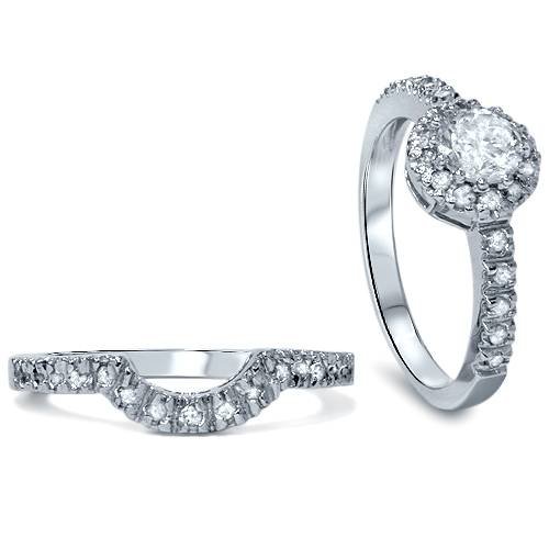 1ct Halo Diamond Engagement Wedding Ring Set 10K White Gold - Size 6.5