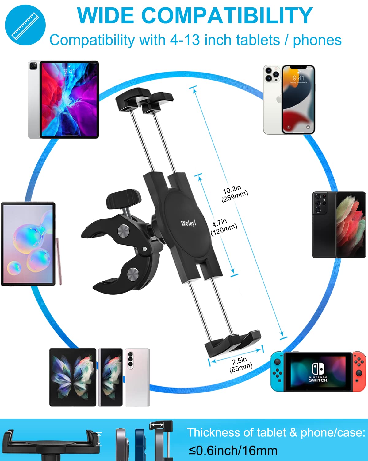 woleyi Tablet Mic Stand Holder, Microphone Music Tablet Mount with Ultra Stable C-Clamp, Compatible with iPad Pro/Air/Mini, Galaxy Tabs/Z Fold, Fire HD, iPhone, More 4.7-13" Cell Phones and Tablets