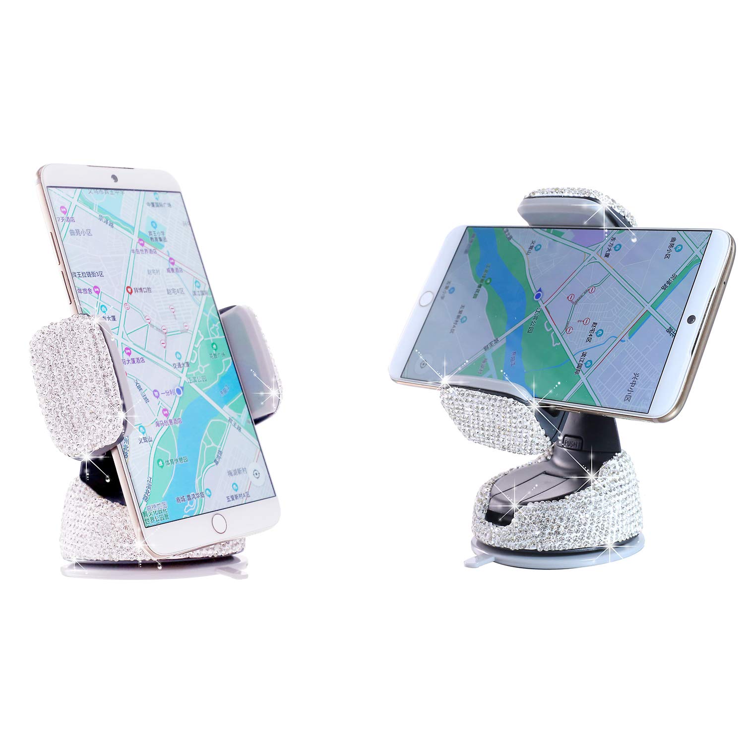 Bling Crystal Car Phone Mount with One More Air Vent Base, Universal Cell Phone Holder for Dashboard,Windshield and Air Vent. (Sliver)