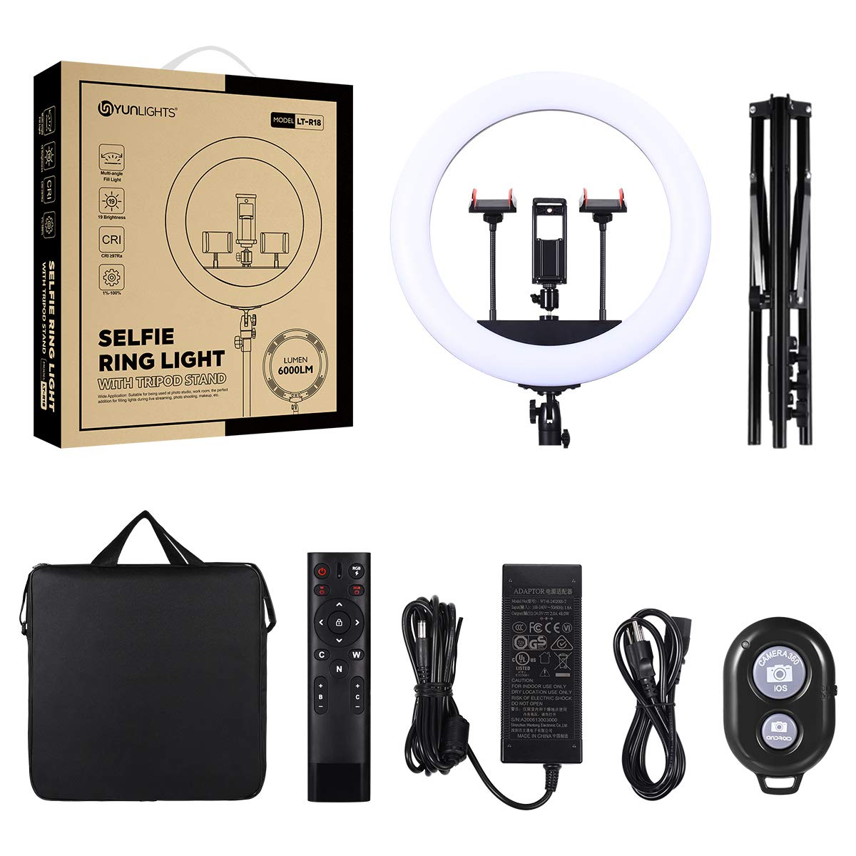19" Selfie RGB Ring Light with Stand - YUNLIGHTS 11 Colors Modes RGB Dimmable LED Ring Light with Phone & iPad Holder for YouTube|Video|Shooting|Vlogs|Makeup, Compatible with iPhone Android Phone