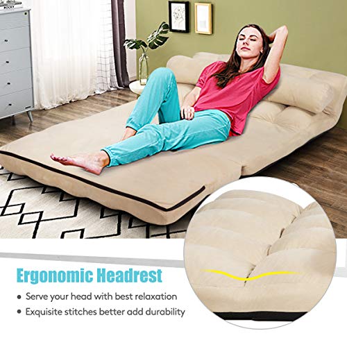 S AFSTAR Safstar Floor Folding Couch and Futon Sofa, 6-Position Fabric Sleeper Sofa Bed with 2 Pillows and Sponge Filling, Adjustable Lazy Sofa for Living Room and Bedroom(Beige)