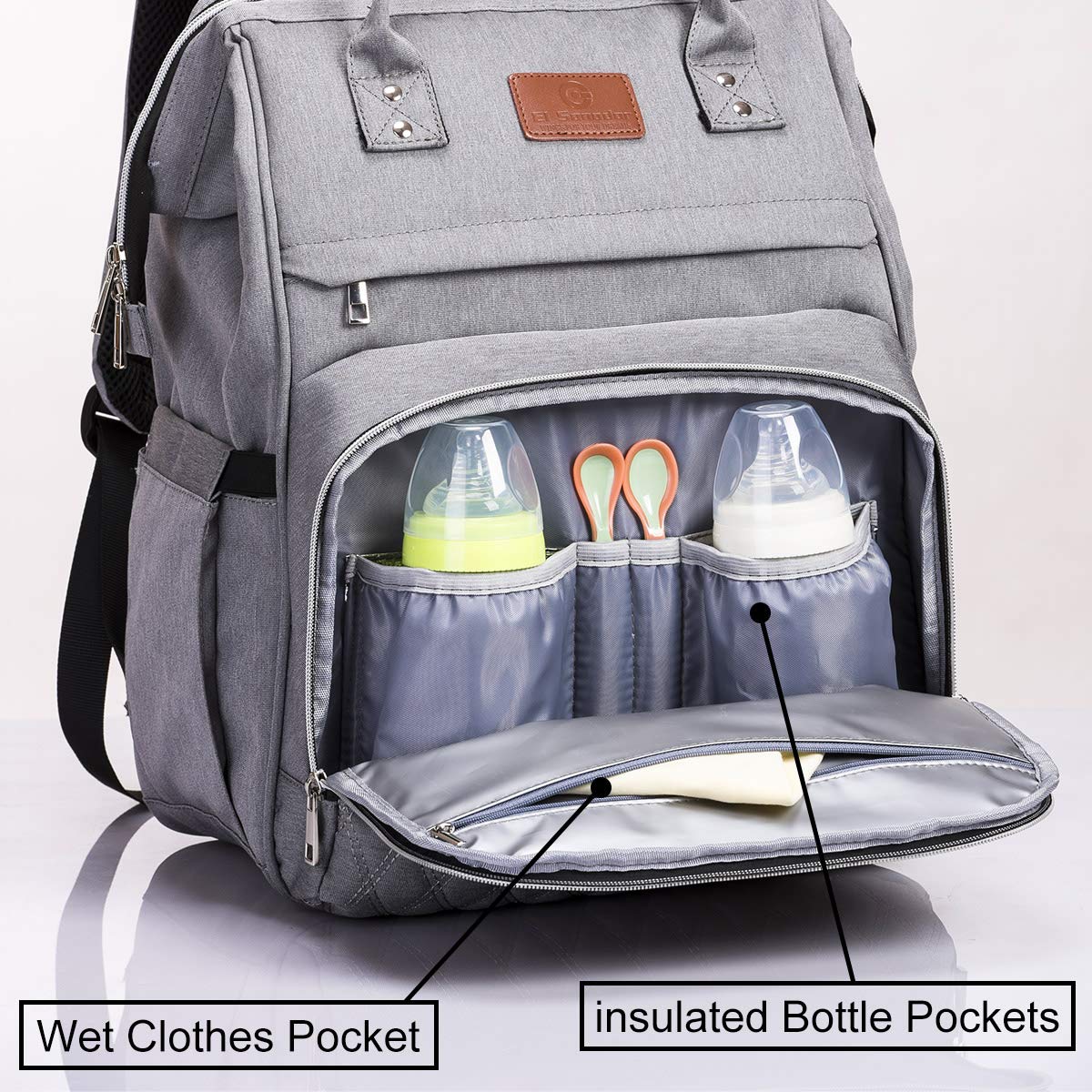 EI Sonador Diaper Bag Backpack, Multi-Function Baby Nappy Bag, Maternity,Large Capacity, with Thermal and Waterproof Pockets, Stroller Straps (Grey)