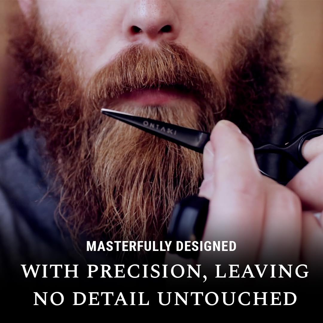 Ontaki 5.5" Beard & Hair Trimming Scissors - Professional Japanese Steel Hand-Forged Barber Shears for Mustache, Bangs, Men, Pets (Gold & Black) - Hair Scissors