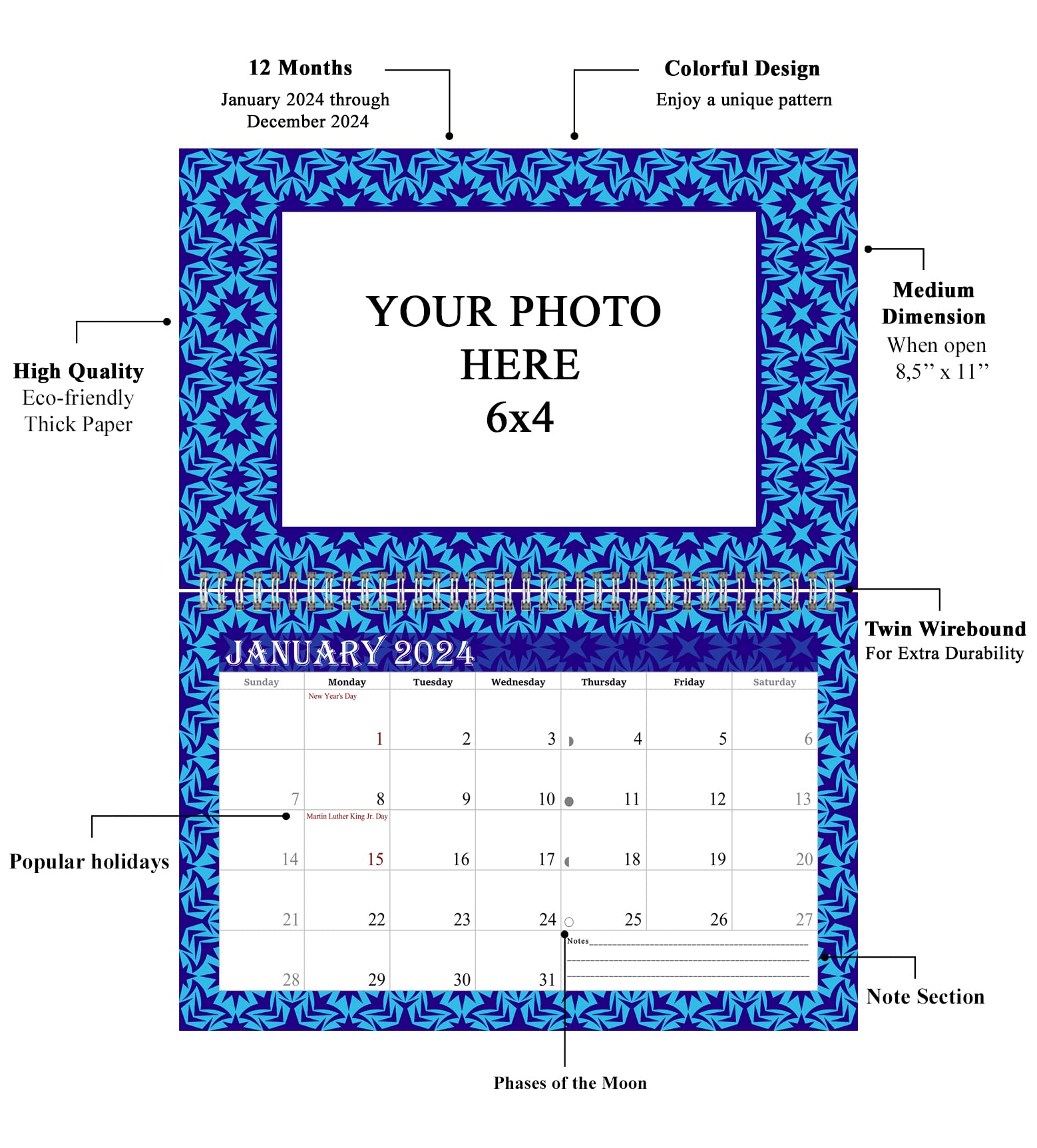 2024 Photo Frame Wall Spiral-bound Calendar (Add Your Own Photos) - 12 Months Desktop/Wall Calendar/Planner - (Edition #07)