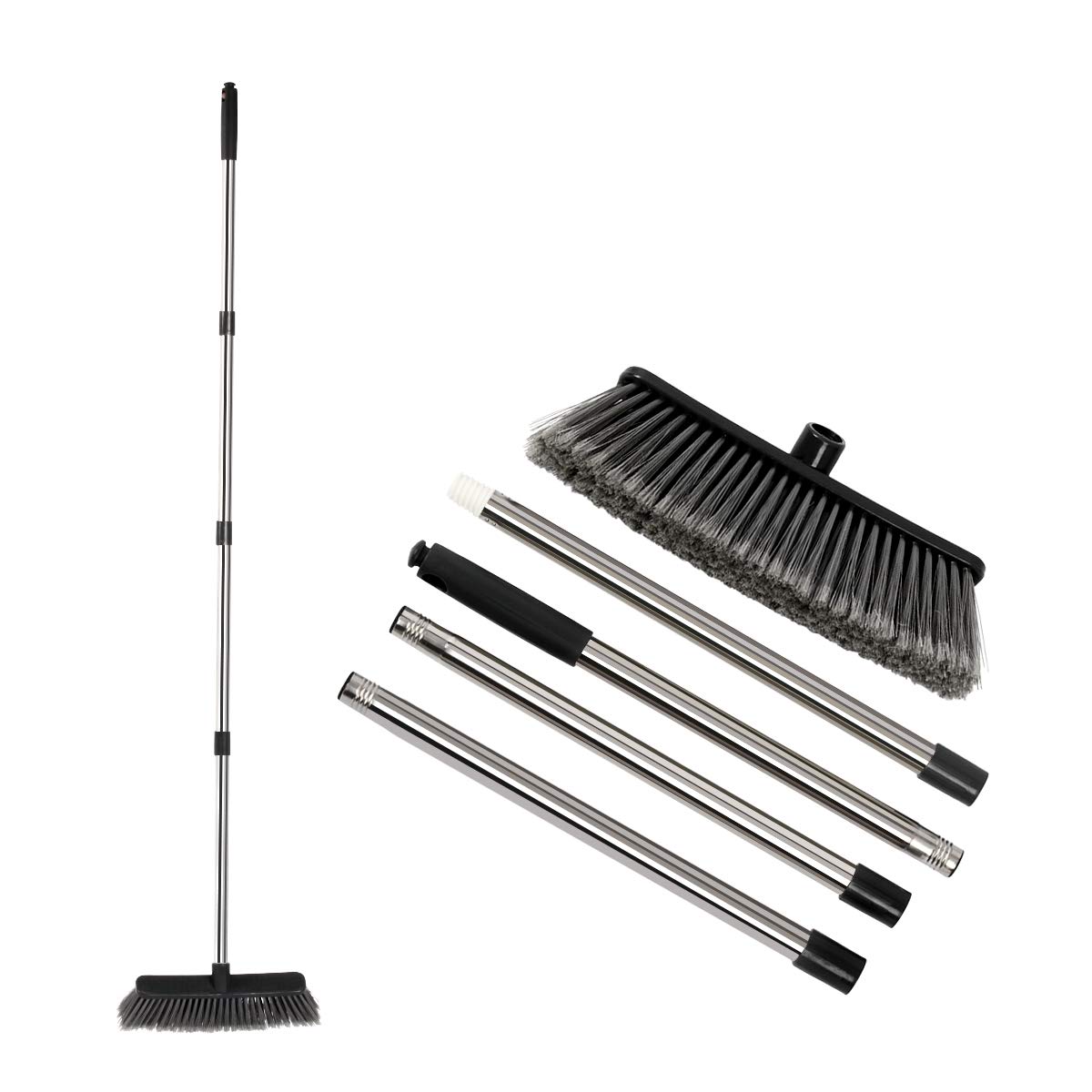 YCUTE Push Broom Brush, Multi-Surface Soft Sweeping Broom with 54” Adjustable Stainless Steel Long Handle for Bathroom, Kitchen, Store, Office, Patio, Garage, Deck, Concrete, Wood, Stone, Tile Floor