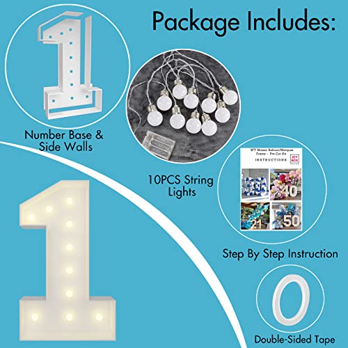 3FT Marquee Light Up Numbers Pre-Cut Frame Giant Marquee Numbers 1, Mosaic Numbers for Balloons, First 1st 21st Birthday Anniversary Decorations Party Decor