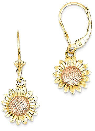14K Two Tone Gold Sunflower Daisy Flowers Drop Dangle Earrings Sunshine Summer Jewelry