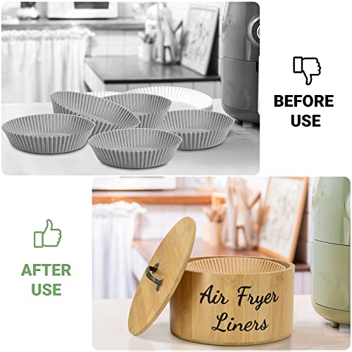 Air Fryer Disposable Paper Liner Holder Organizer, Bamboo Storage Organizer Bin Box for Cabinet, Pantry, Kitchen, Storage Container with Lid for Air Fryer Liners Air Fryer Parchment Paper