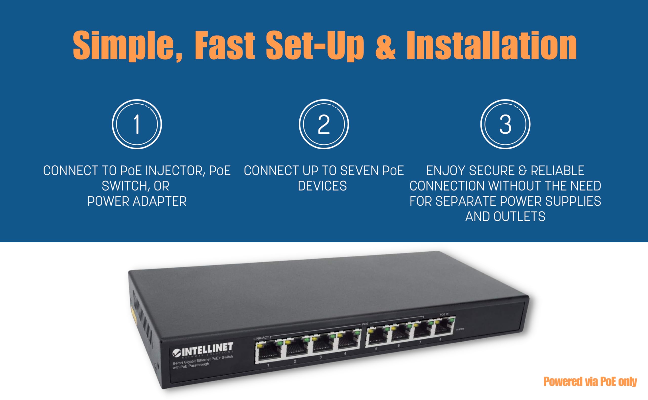 Intellinet 8-Port Gigabit Ethernet PoE+ Switch with PoE Passthrough - 85W PoE Budget, 30 W per Port, 16 Gbps Switch Fabric - 3 Yr Mfg Warranty-561679