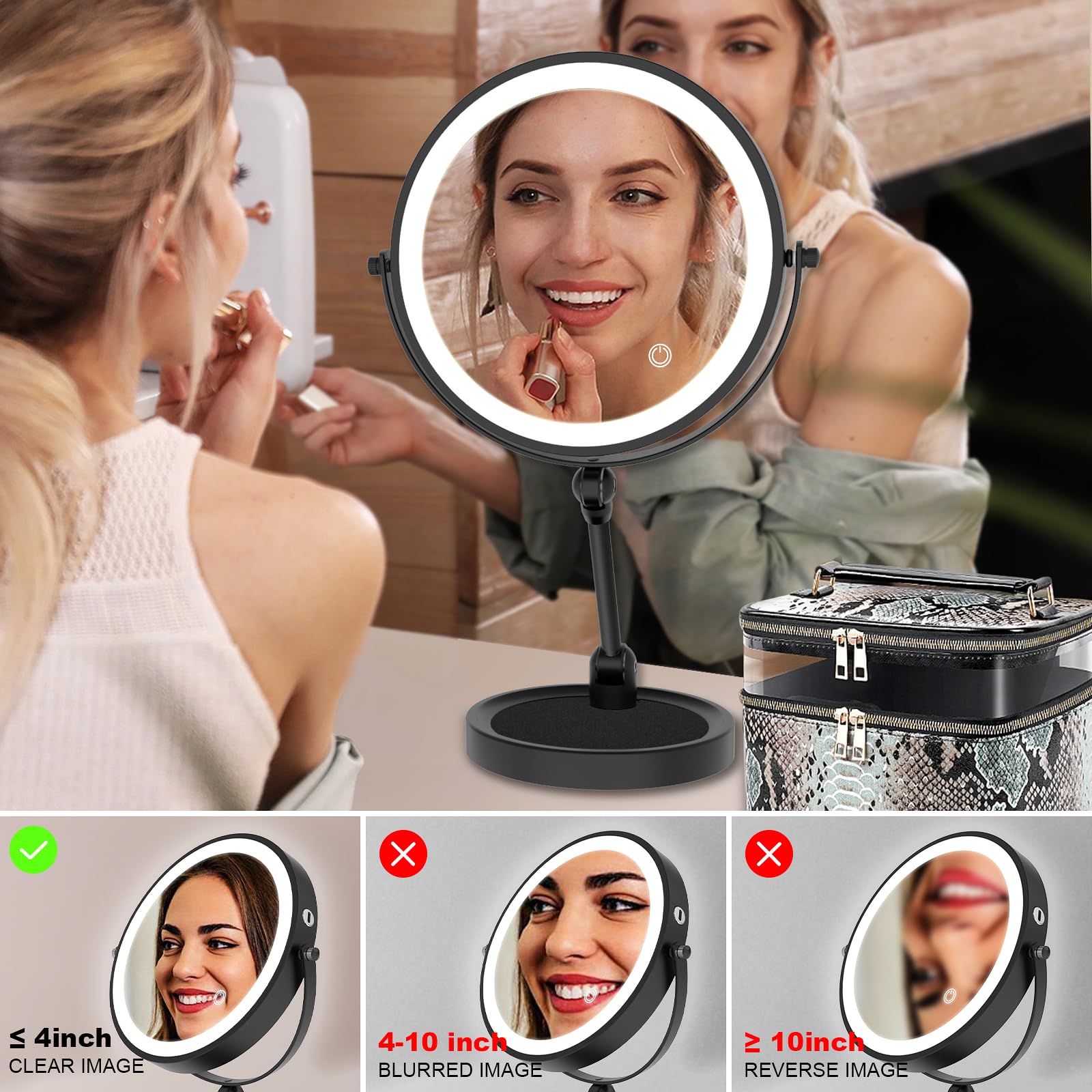 SanaWell Wall Mounted Makeup Mirror, 7X Magnifying Mirror with Lights, 8 Inch Double Sided HD Mirror [One Button Switch],Extendable Arm 360° Swivel Shaving Cosmetic Mirror Powered by Plug-in AC Cord
