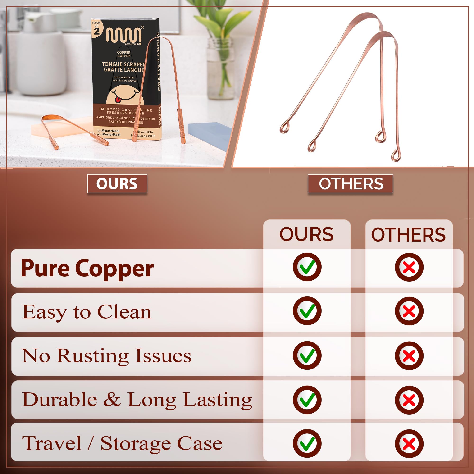 MasterMedi Tongue Scraper with Case Easy to Use Tongue Scraper for Adults, Tongue Cleaner for Oral Care & Hygiene (Copper Set of 2 (with Travel Case))