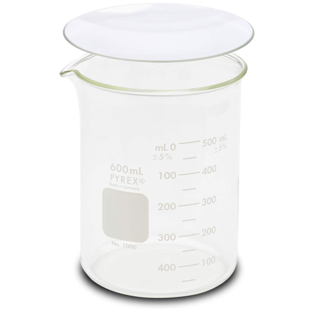Corning Pyrex 1000-600, 600ml Low Form Griffin Beaker with Pyrex 9985-100, 100mm Pyrex Watch Glass (Pack of 6)