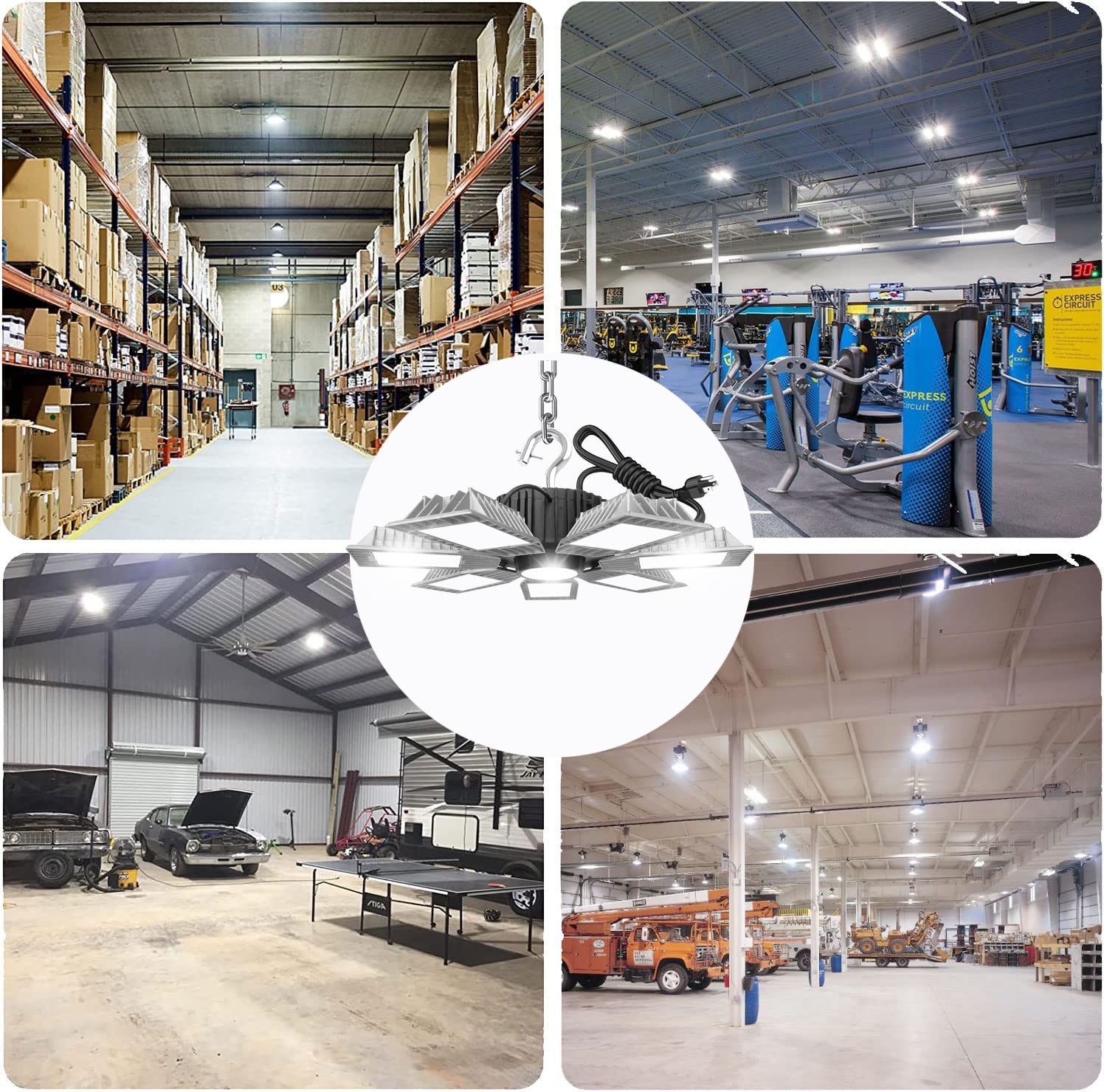 2-Pack 250W LED High Bay Light 6500K Adjustable 7Panel Design 30000LM Bright Shop Light Aluminum Heat Sink - Ideal for Warehouse, Residential, Barn, Factory, Workshop Hanging LED Shop Lighting
