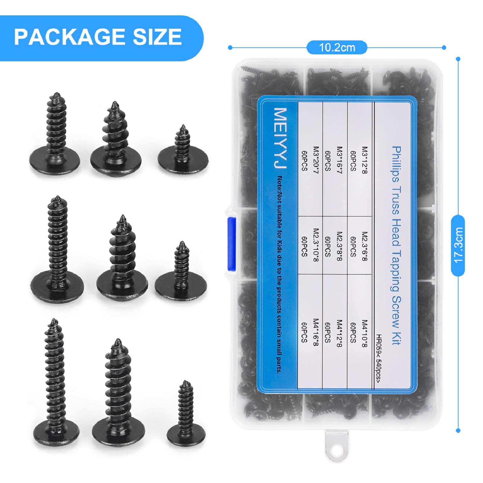 MEIYYJ 540pcs M2.3 M2.6 M3 Phillips Truss Head Tapping Screw Wafer Head with Washer, Self Tapping Screw Assortment Kit, Black Carbon Steel.