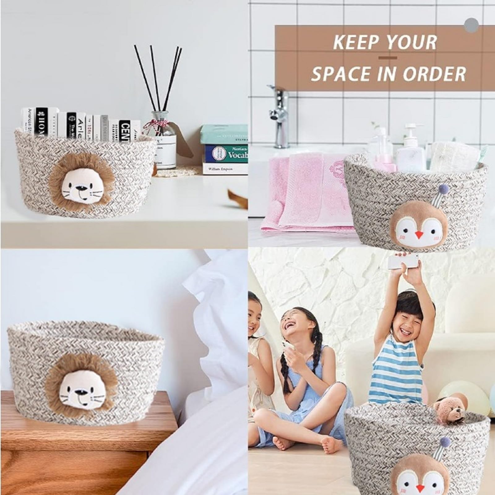2 Pcs Small Woven Basket Mini Cotton Rope Storage Basket Rabbit Lion Toy Basket Cute Mini Tiny Storage Baskets for Nursery Room Bedroom Living Room Organizing