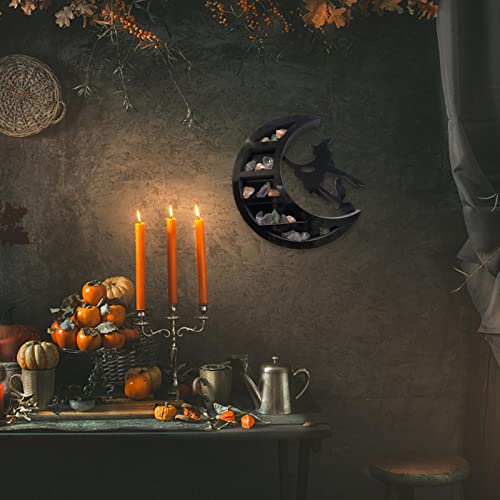 A/R Witch on The Moon Crystal Shelf, Wooden Crystal Display Shelf PVC Moon Shelf Black Witch Design Crystal Display Shelf Gothic Decorations for Living Room
