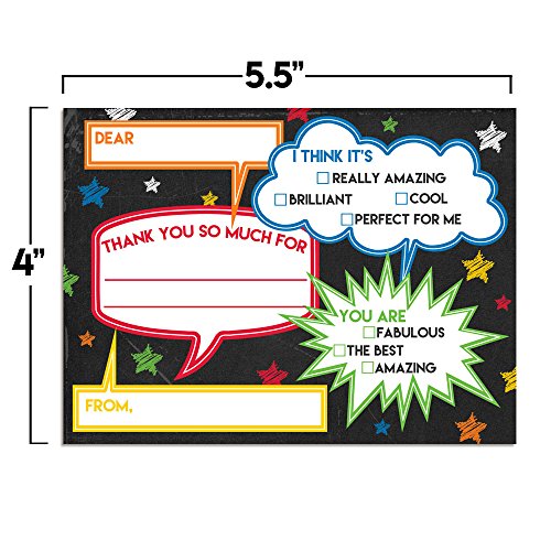 Chalkboard Speech Bubble Birthday Thank You Notes for Kids, Ten 4" x 5.5" Fill In The Blank Cards with 10 White Envelopes by AmandaCreationâŚ
