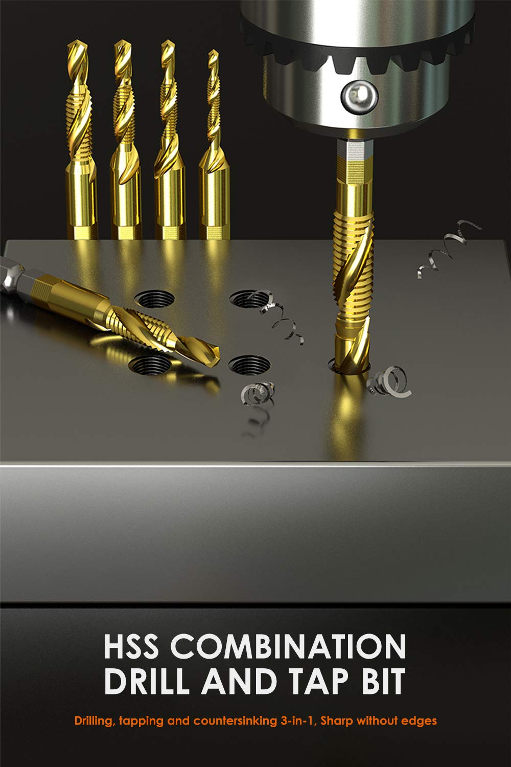 Luckyway 7-Piece Combination Drill and Tap Bits with Quick-Change Adapter, 3-in-1 Titanium Coated Screw Tapping Bit Tool for Drilling, Tapping, Countersinking
