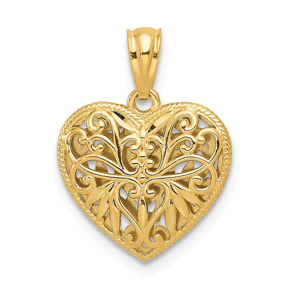 14k Two-tone Reversible Filigree Heart Pendant, 14 kt White and Yellow Gold