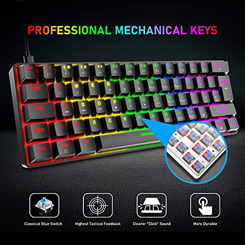 60% True Mechanical Gaming Keyboard Ultra-compact with 20 Rainbow Backlit Type C Wired Programmable 62 Keys Tactile Blue Switch Waterproof Non-Conflict and Gaming Mouse Pad for PC/Laptop/PS5(Black)