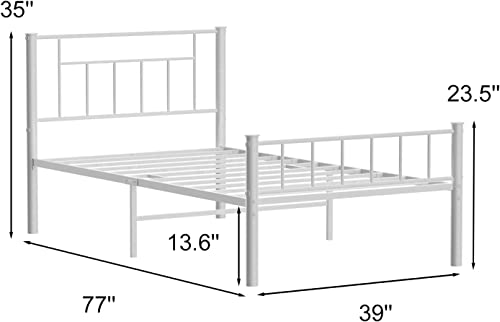 4 EVER WINNER Twin Platform Bed Frame with Headboard, Twin Bed Frames 14 Inch, Heavy Duty Steel Salt Twin Metal Bed Frames, No Box Spring Needed, Mattress Foundation, Anti-Slip (White Twin Bed)