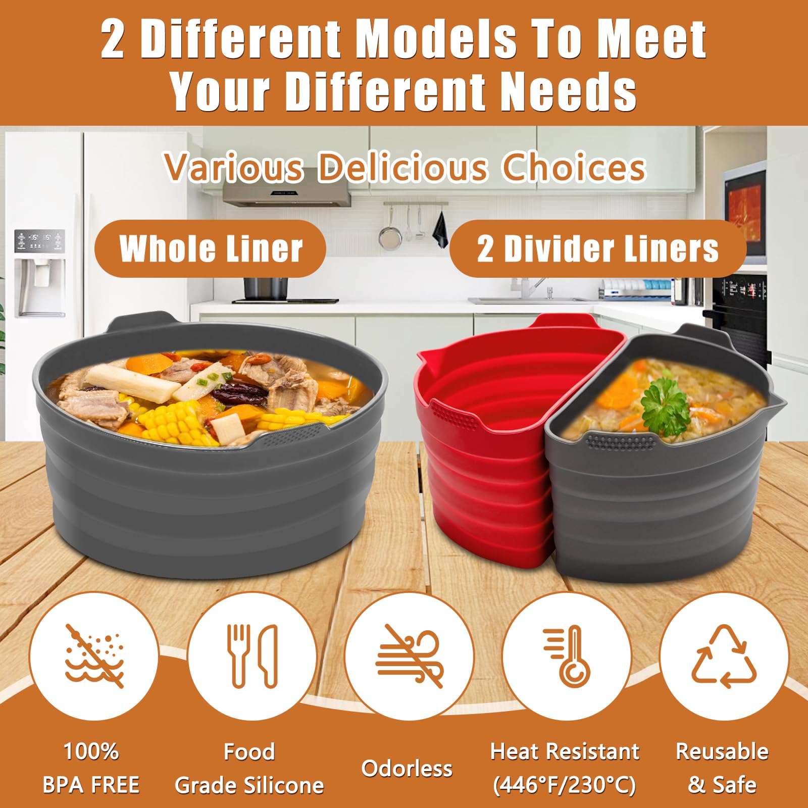 Slow Cooker Divider Silicone Liners, 6PCS Silicone Crock Pot Liner, Crock Pot Divider Insert, Reusable Crock Pot Dividers Silicone Fit Oval Slow Cooker 6-8 QT Slow Cooker Liners Coldairsoap