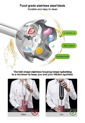 4 in1 Immersion Blender Handheld 304 Stainless Steel Blades, 5 Speed & 3-Angle Adjustable Chopper Beaker Whisk and Beater for Milkshakes Smoothies Soup Baby Food