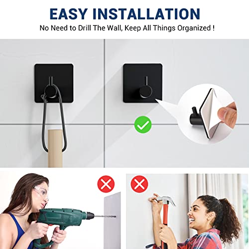 Adhesive Hooks Heavy Duty (4-Pack), Wall Hanging Hooks Hangers for Hat Keys Towel Robe Coats Bathrobes, Metal Sticky Black Wall Hook No Drill Easy to Mount in Bathroom Office Home Kitchen Closet