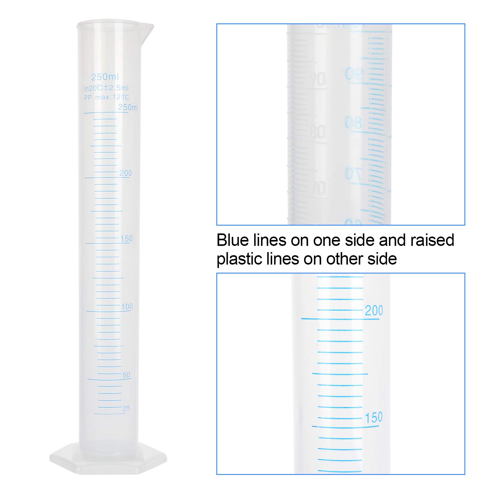 5Pack 250ml Plastic Graduated Cylinder, Transparent Measuring Cylinder Durable Lab Test Tube Flask, 2-Sided Measuring Lines Graduated Cylinder Beaker for Science Projects, Pour Spout