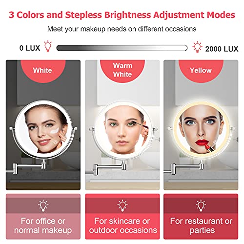 Rechargeable Lighted Wall Makeup Mirror, 2-Sided 1X 7X Magnifying, 8 Inch Lighted Wall Mount Mirror with Medical-Grade 3 Color Lights, Touch Screen Dimming, Extended Arm 360 Rotation (Chrome)