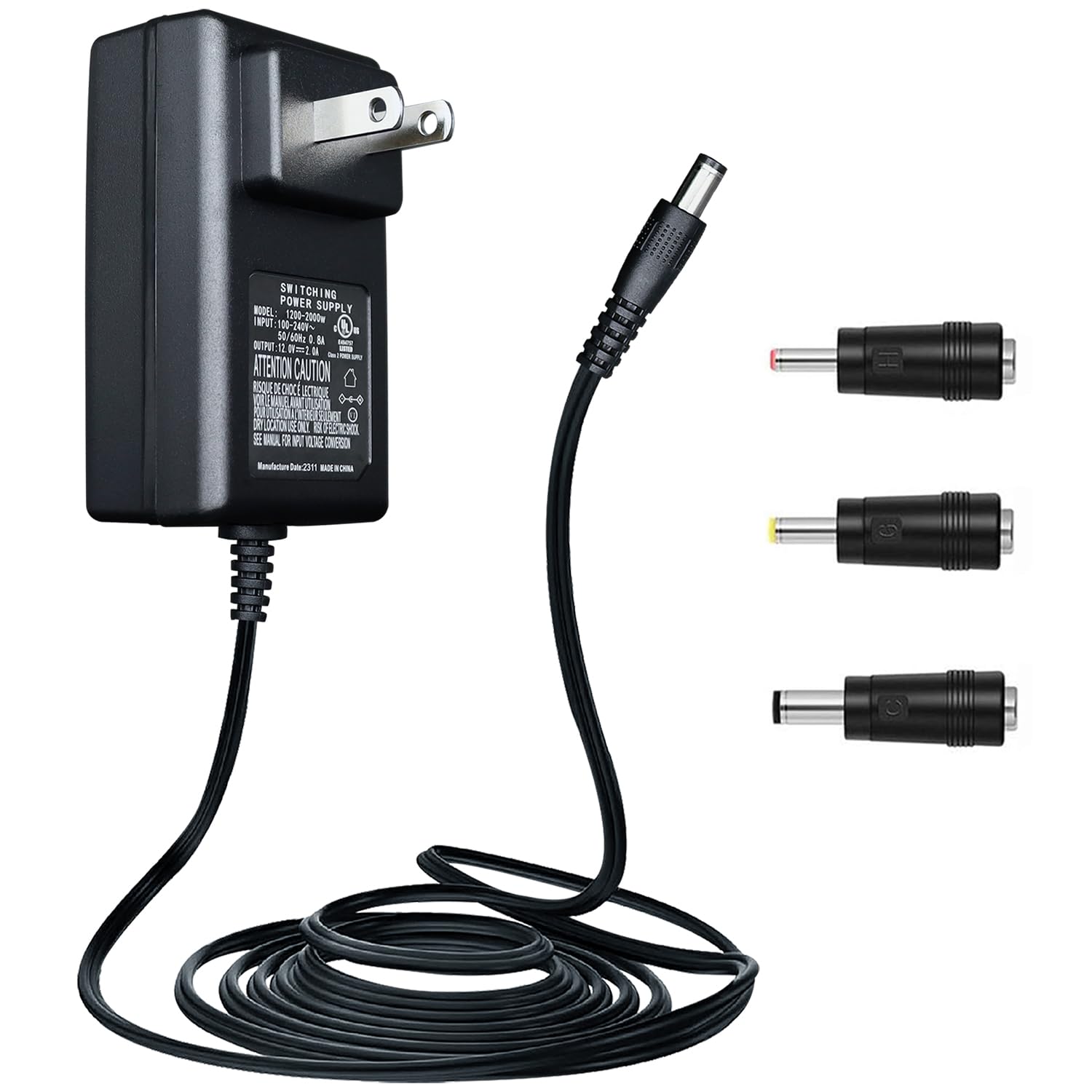 UL Listed AC 100-240V to DC 12V 2A/2000mA Power Supply Adapter, 24W Adapter with 3 Tips for LED Strip Lights, Keyboard, BT Speaker, Router, Monitor, Webcam, DVR, NVR, CCTV Camera