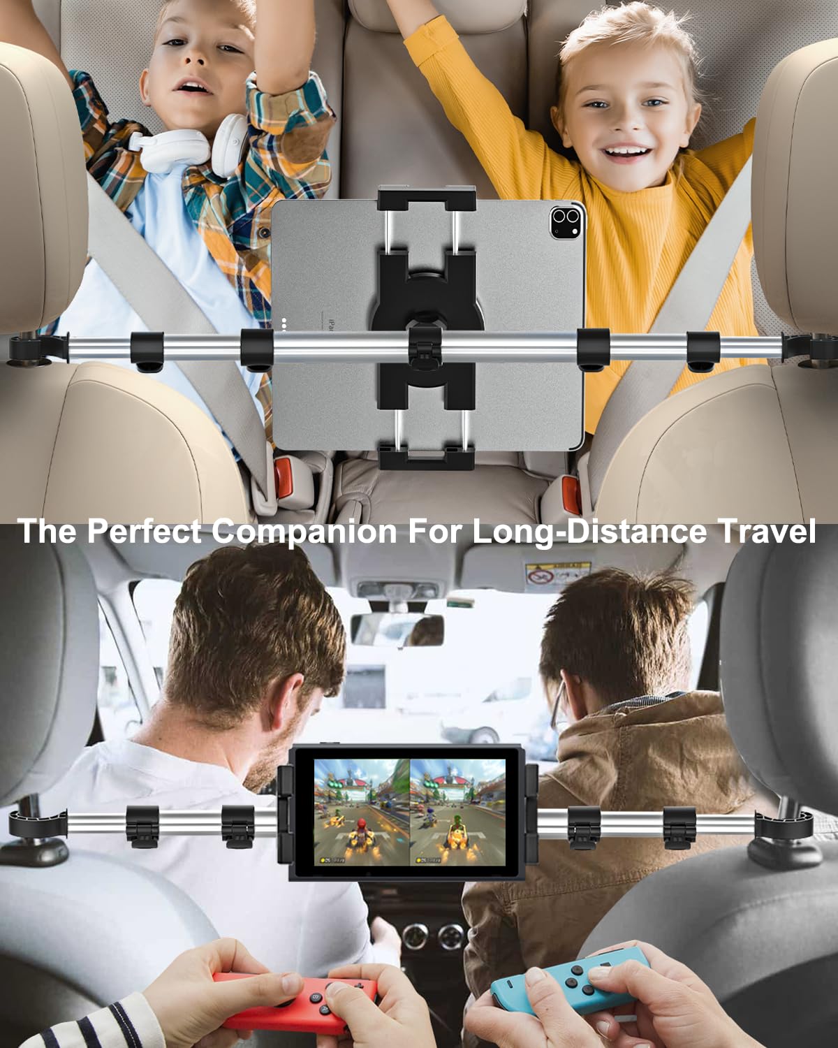 woleyi Car Headrest Tablet Holder Mount - [Anti Shake & Stretchable] Tablet Holder Back Seat for Car Between Kids Stand, for iPad Pro Air Mini, Galaxy Tab, Kindle Fire, Switch, iPhone, 4.7-13" Devices