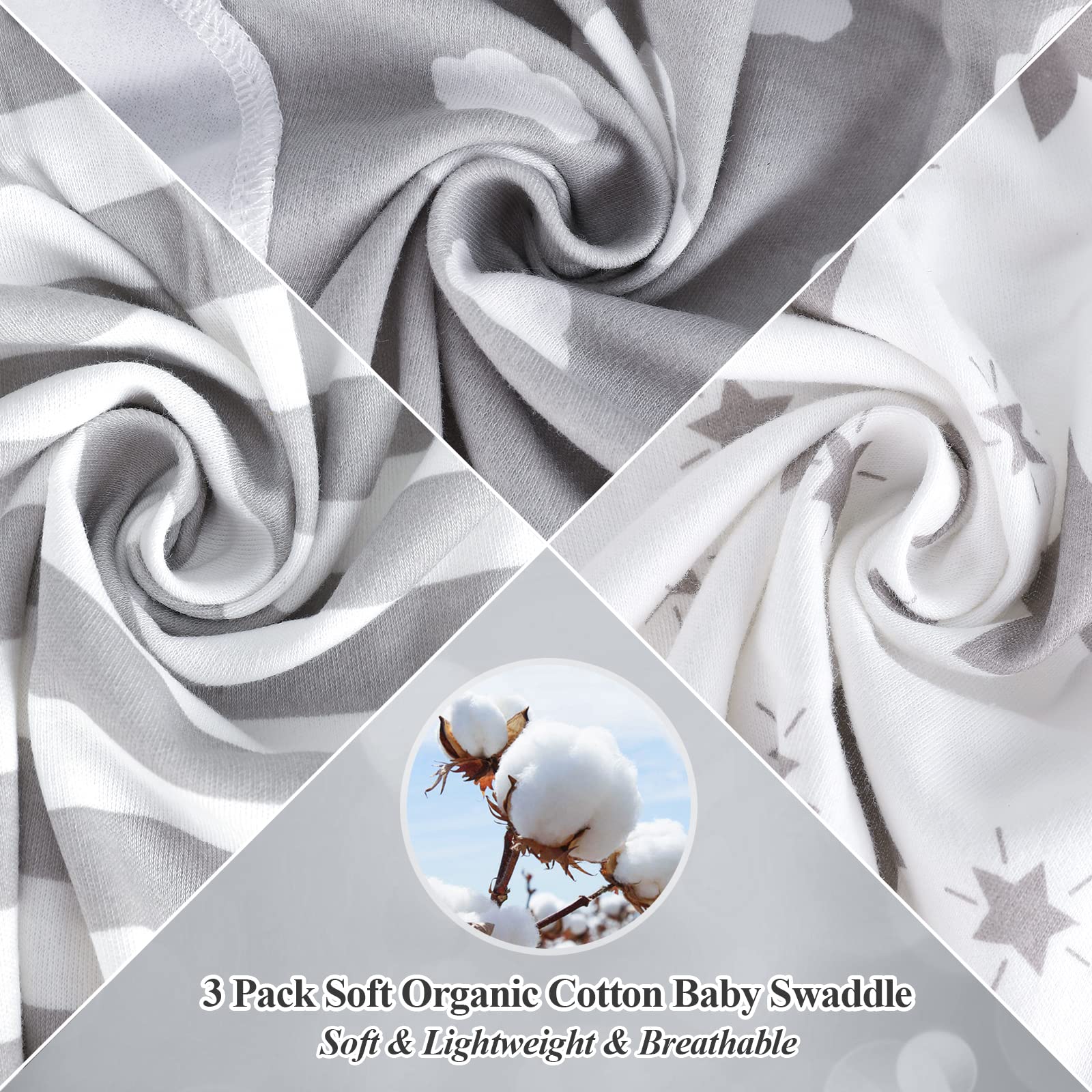 3 Pack Baby Swaddle Blanket, Adjustable 100% Organic Cotton Newborn Swaddle Sleep Sacks, Infant Swaddle Wrap Helps Prevent Startle Reflex(0-3 Months)