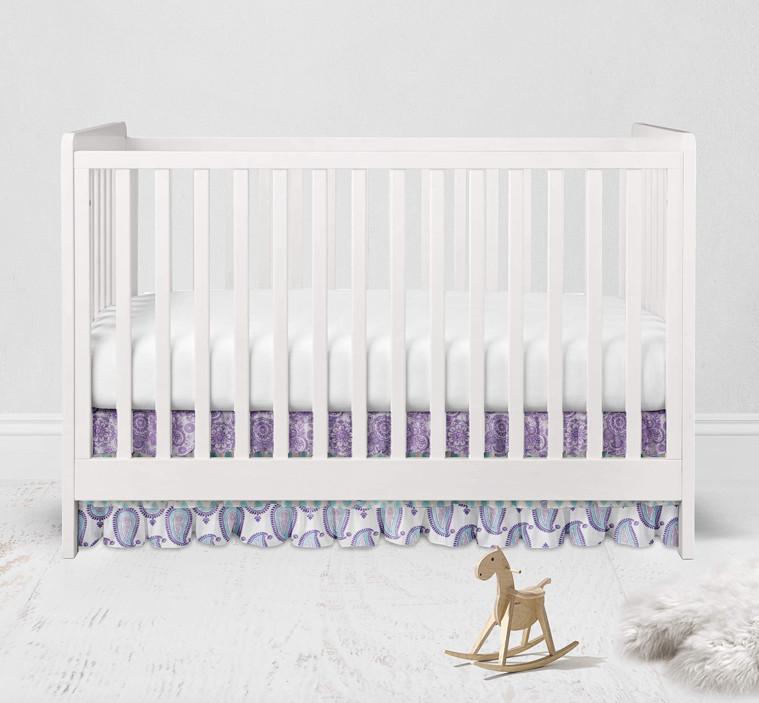 Bacati - Paisley Floral 100 Percent Cotton Percale Crib/Toddler Bed Ruffle/Skirt (Aqua/Lilac/Purple 3 Tier Layer)