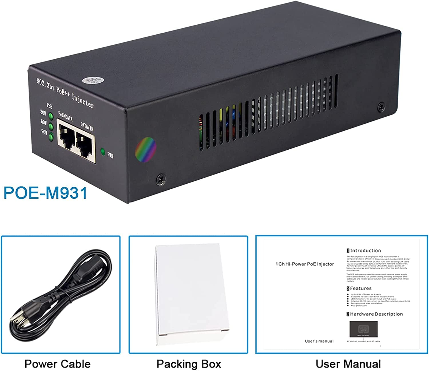 CENTROPOWER High Power Gigabit PoE Injector 90W，Ethernet Switch PoE+ Injector Adapter，10/100/1000Mbps，IEEE 802.3af/at/bt Compliant, Up to 100M(328 feet)