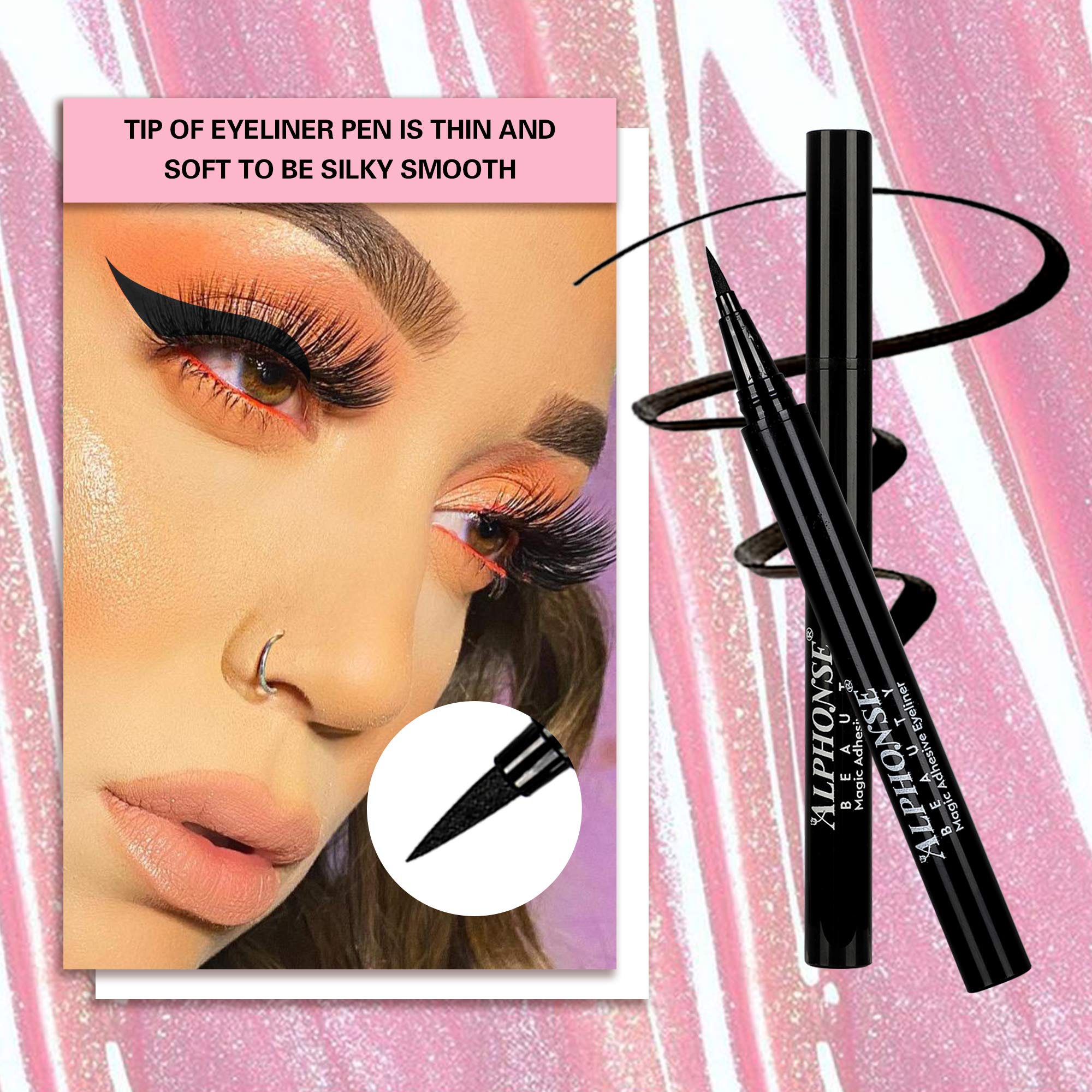 2-In-1 Self-Adhesive Eyeliner Instead of Eyelash Glue, ALPHONSE Waterproof Liquid Black Eyeliner Strong-Hold Eyeliner No Magnets No Glue