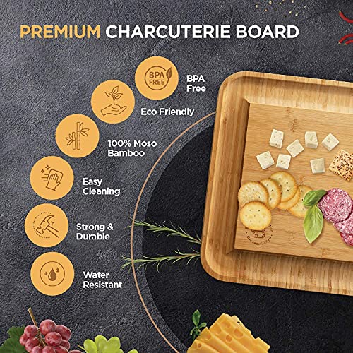 Cheese Board and Knife Set - Premium Quality Bamboo Charcuterie Platter for Slicing Cheese, Meat, Fruits, Vegetables - Hidden Drawer with 4 Stainless Steel Cutting and Serving Utensils - by Weegee