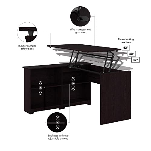 Bush Furniture Cabot 52W 3 Position Sit to Stand Corner Bookshelf Desk in Espresso Oak