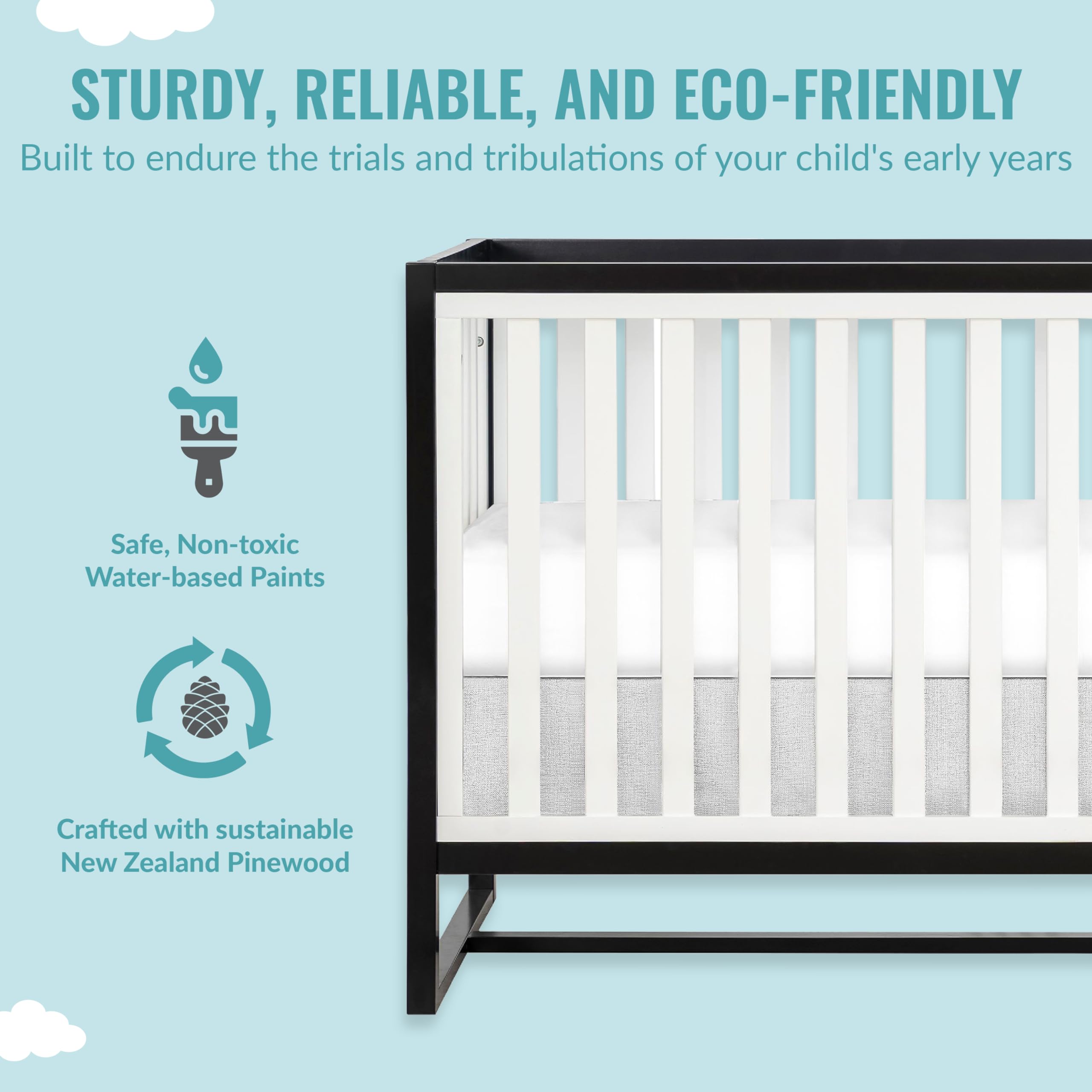 Dream On Me Milo 5-in-1 Convertible Crib and Changing Table with Free Changing Pad in Black and White, 3 Mattress Height Settings, Non-Toxic Finishes, Pinewood