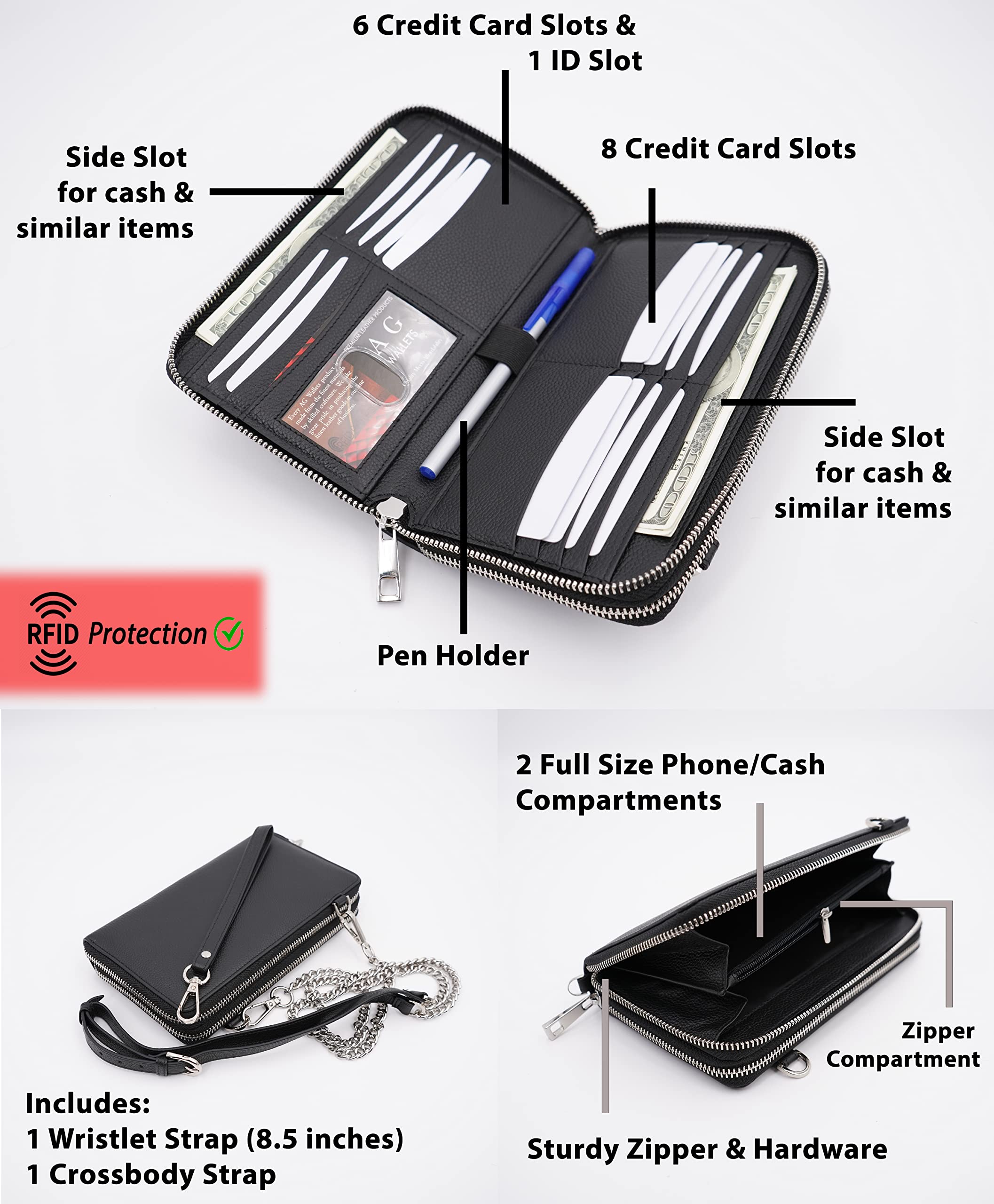 AG Wallets Women's Double Zipper RFID Leather Wristlet Wallet (Black Wax Finish)